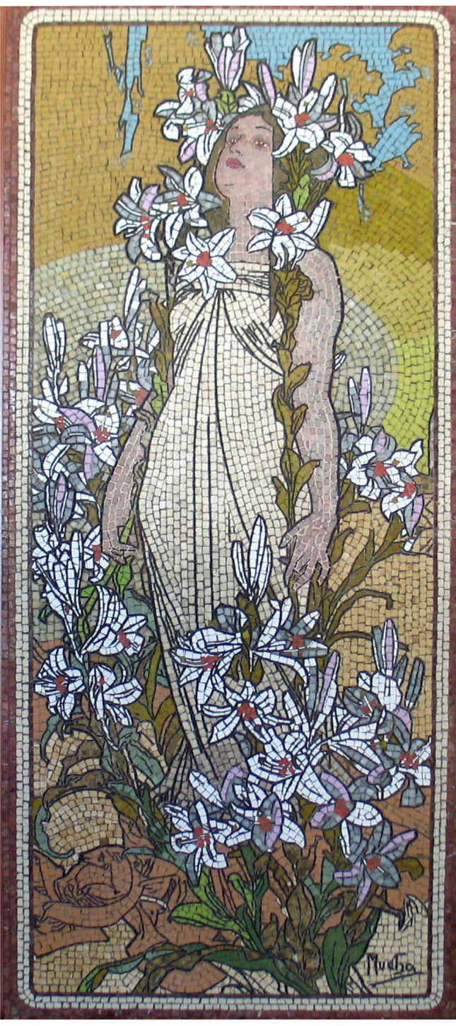 Lady with Flowers Contemporary Mosaic (Right) by Mucha marble stone ...
